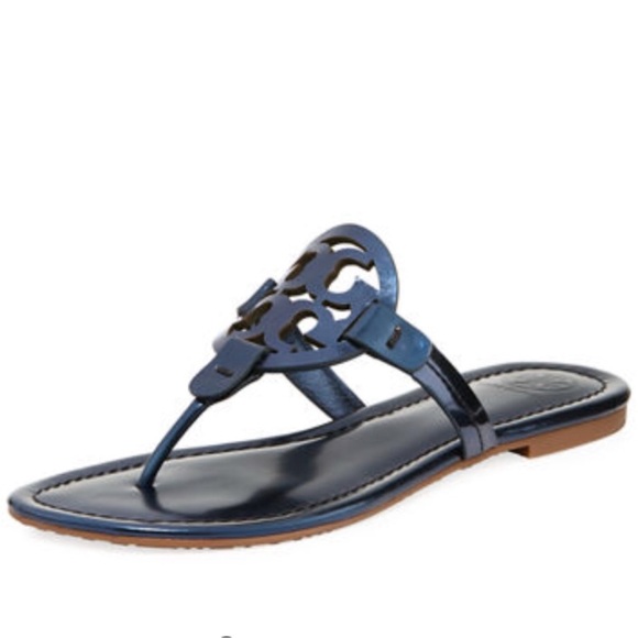 Tory Burch | Shoes | Tory Burch Miller Metallic Blue Flat Slide Sandal ...